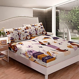 Dachshund Kids Sheet Set Sausage Dog Bed Sheets Set for Boys Children Teens Bedroom Decor Cute Puppy Dog Sheets with Deep Pocket Fitted Sheet Happy Festival Bedding Set Queen Size with 2 Pillow Case