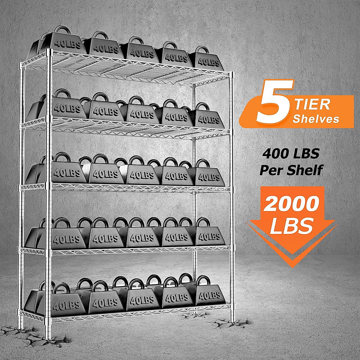 Storage Shelves Heavy Duty, 48" L x 20" W x 72" H Garage Wire Shelving Unit Loads 2000LBS, 5-tier Adjustable Metal Industrial Utility Shelf Rack for Kitchen, Laundry Room, Pantry, Warehouse, Basement