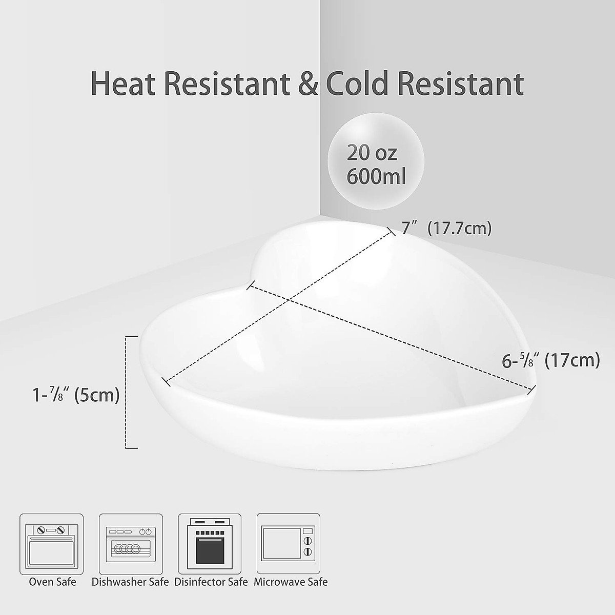 Keponbee Heart Bowls Porcelain 2pcs White Heart-shaped Bowl Dessert Bowls/Salad Bowl 7 inch, 20OZ