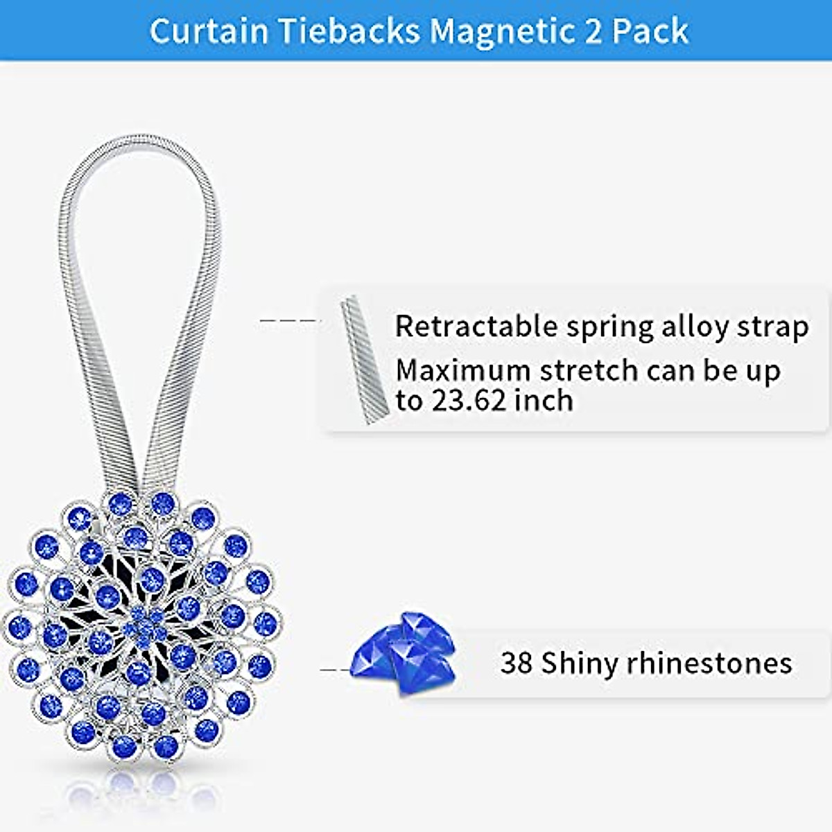 Curtain TieBacks Magnetic 2 Pack Curtain Holders for Drapes 36 Crystal Elastic Rope Curtain Tie Backs for Curtain for Outdoor Indoor, Window Curtain Tiebacks Holdbacks Royal Blue