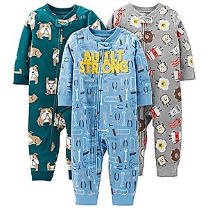 Simple Joys by Carter's Boys' 3-Pack Loose Fit Flame Resistant Fleece Footless Pajamas, Blue Tools/Green Dogs/Grey Breakfast, 18 Months