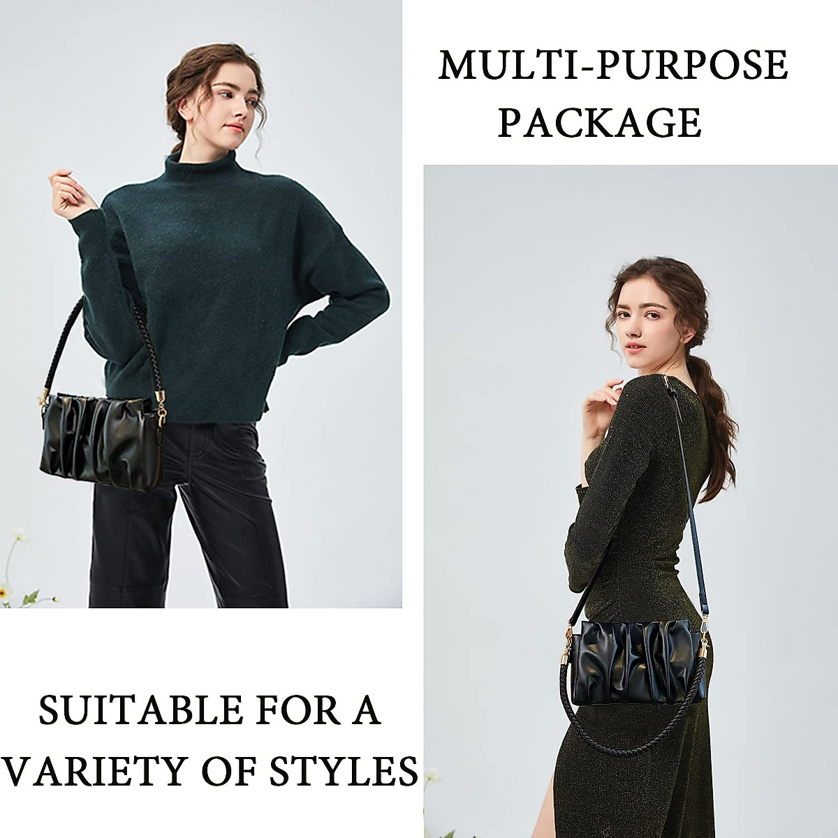 Black Purse Female Shoulder Crossbody Bags Purses for Womens With Metal Chain Strap Cute Removable Strap Cinched Small