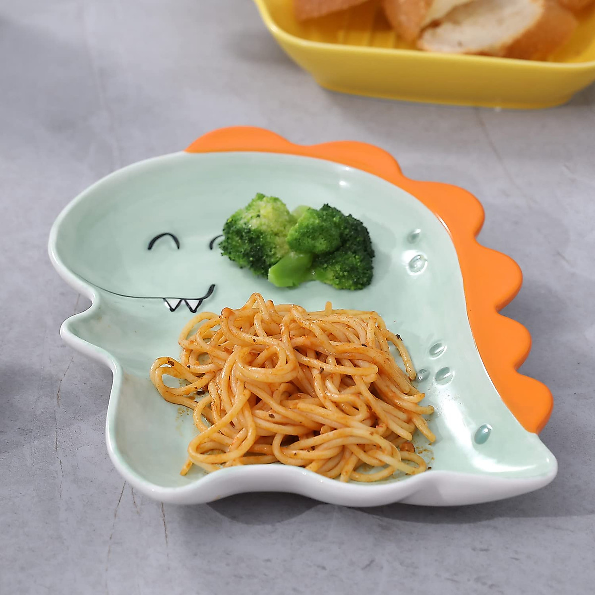MyGift Fun Adorable Dinosaur Shaped Ceramic Plate, Cute Turquoise Cartoon Stegosaurus with Orange Spine, Small Serving Happy Dino Platter Snack Tray