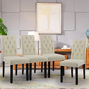 LSSBOUGHT Button-Tufted Dining Chairs Set of 4, Kitchen Chairs with Solid Wood Legs, Parsons Fabric Dinning Room Chairs with High Back, Padded Armless Side Chair for Kitchen Dining Room, (4pcs,Beige)