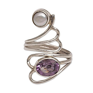 NOVICA Artisan Handmade Amethyst Pearl Ring Sterling Silver Purple White Multi Stone Wrap Indonesia Birthstone [crownbezel 1 in L x 0.5 in W x 0.2 in H Band Width 5 mm W] ' Pure in Heart'
