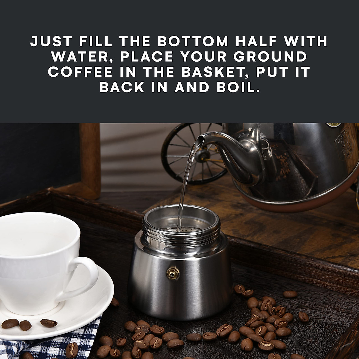 Bruntmor Stovetop Espresso Maker - Italian Coffee Pot, Stainless Steel - 5.51" D x 3.85" W x 7.48" H - For Stove Top, Induction, Gas, Electric - Thermal Moka, Cappuccino Pots