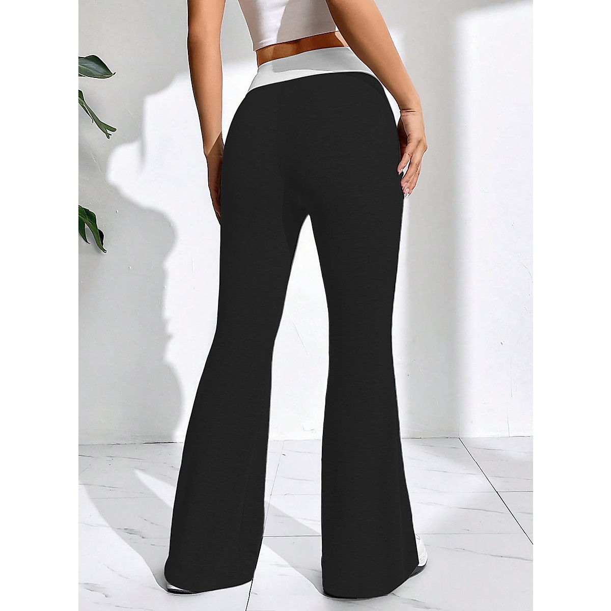 popvil Flare Pants for Women High Elastic Waisted Yoga Pants Color Block Causal Trousers Black X-Large