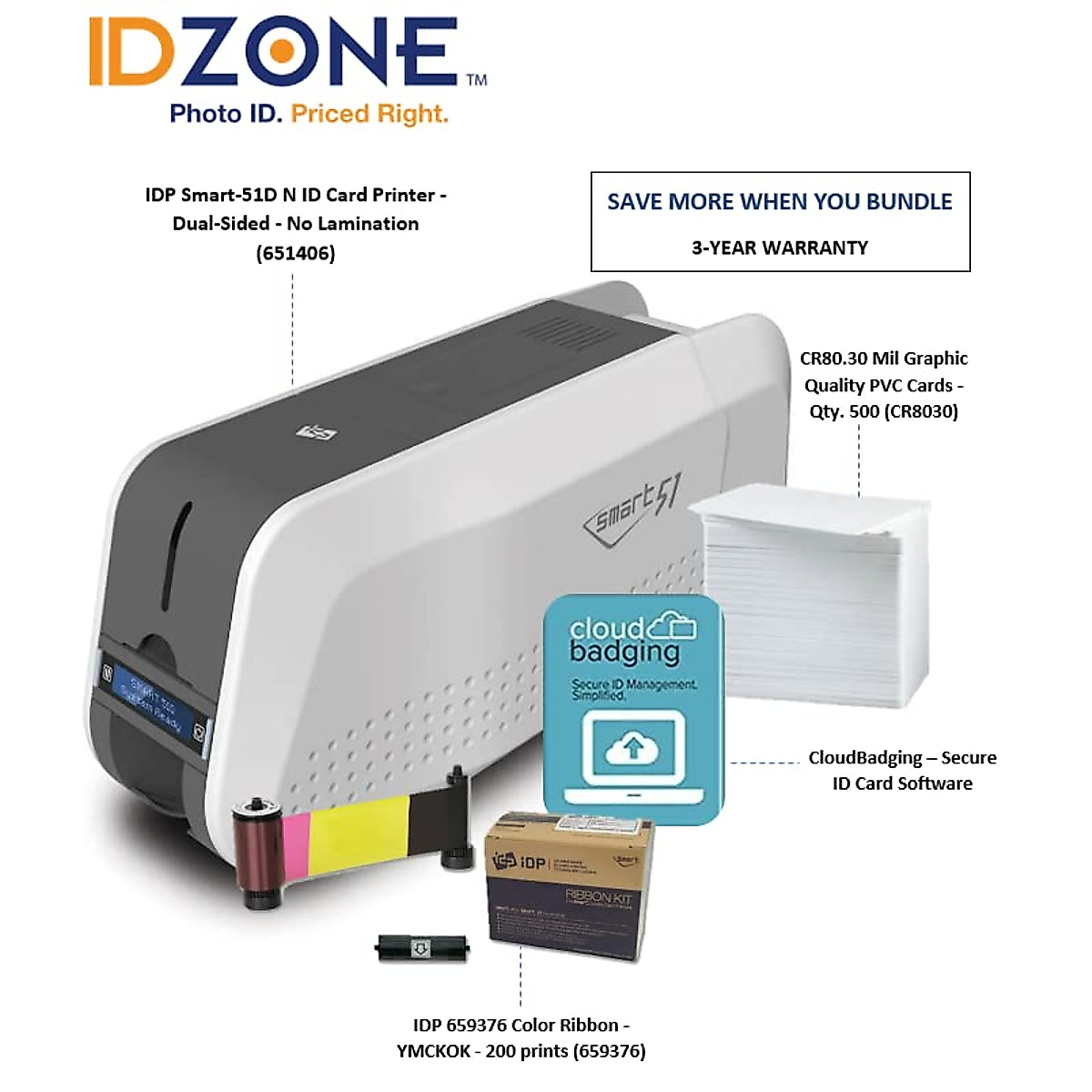 IDP Smart-51D N ID Card Printer - Dual-Sided - No Lamination - 651406 w/IDP 659376 Color Ribbon - YMCKOK -200 Prints, Premium White Blank Plastic CR80 30 Mil PVC Cards (500 Pack), & CloudBadging Lite