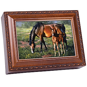 Cottage Garden Horses Brown Mare Black Mane Colt Woodgrain Rope Trim Music Box Plays Wonderful World