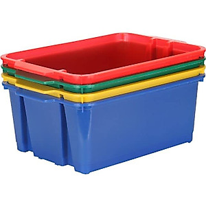 Really Good Stuff Stacking Bins, 14" x 10" x 5 ¾" - 4 Pack, Primary | Stackable Storage Plastic Bins for Classroom Organization, Home Storage, Office & Hospital Supplies