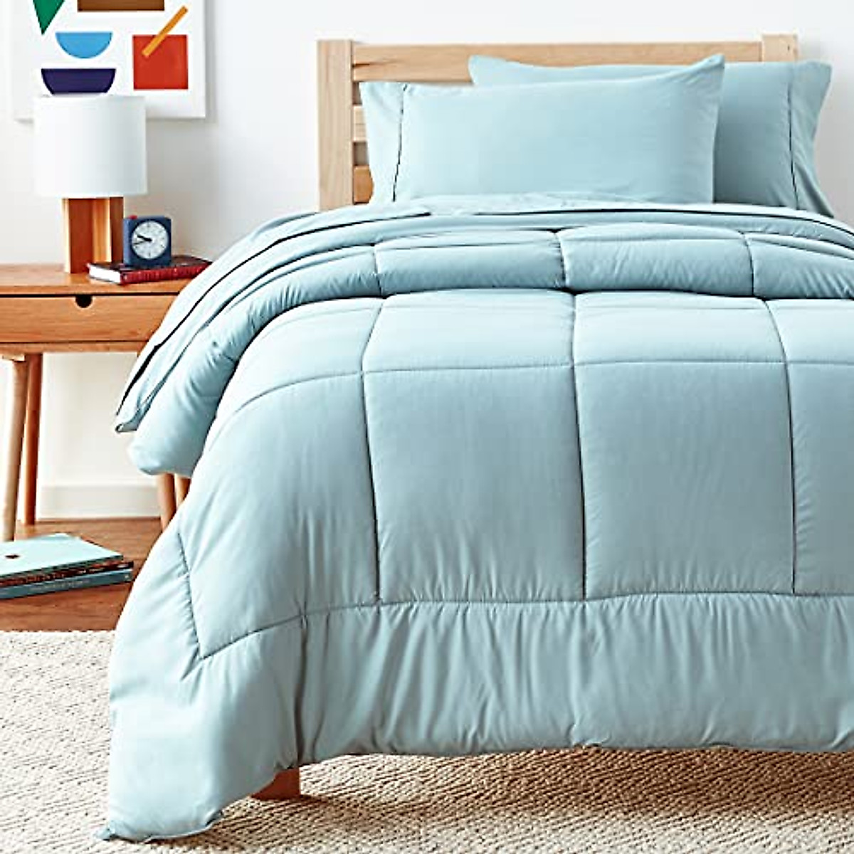 Sweet Home Collection 5 Piece Comforter Set Bag Solid Color All Season Soft Down Alternative Blanket & Luxurious Microfiber Bed Sheets, Misty Blue, Twin