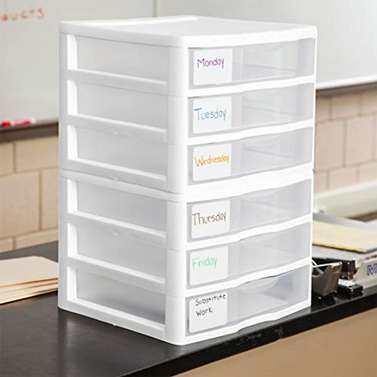 Sterilite Clear Plastic Stackable Small 3 Drawer Storage System for Home Office, Dorm Room, or Bathrooms, White Frame, (6 Pack)