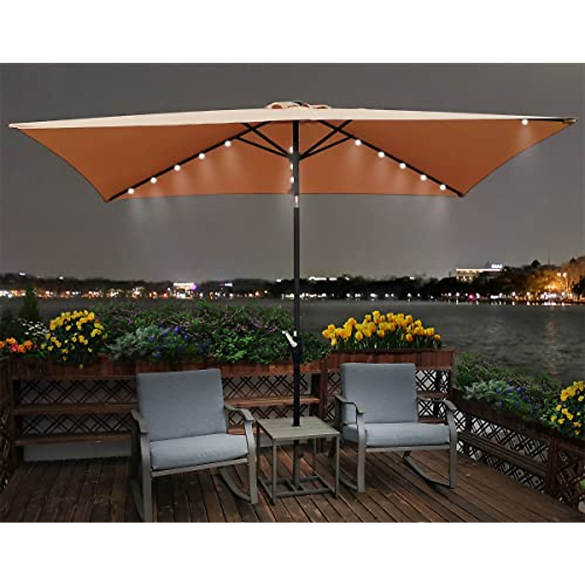 10*6.5ft Solar Patio Umbrella, 26 LED Lighted Rectangular Market Umbrellas with Crank & Push Button Tilt, Table Outdoor Patio Umbrella with Fade-Resistant Polyester Canop, 6 Heavy Duty Square Ribs for Garden Swimming Pool Backyard, Brown
