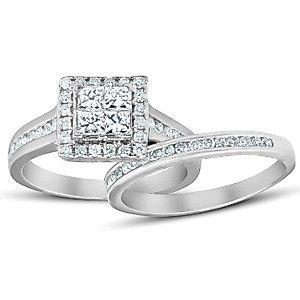 1 Ct TDW Princess Cut Halo Diamond Engagement Wedding Ring Set 10k White Gold - Size 6.5