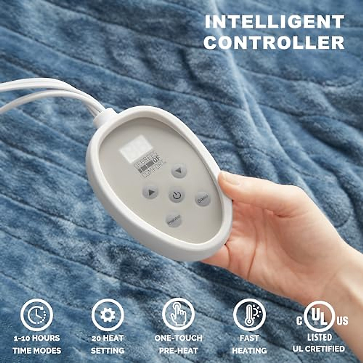 Degrees of Comfort Electric Blanket Full Size | Single Control with Auto Shut Off | Fleece Heated Blanket for Bed | Machine Washable | Blue, 80Wx84L