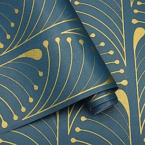 Peel and Stick Wallpaper Gold and Blue Wallpaper Stripe Contact Paper Geometric Removable Self Adhesive Wallpaper for Walls Bedroom Home Decoration Vinyl Rolls 17.3''x118.1''