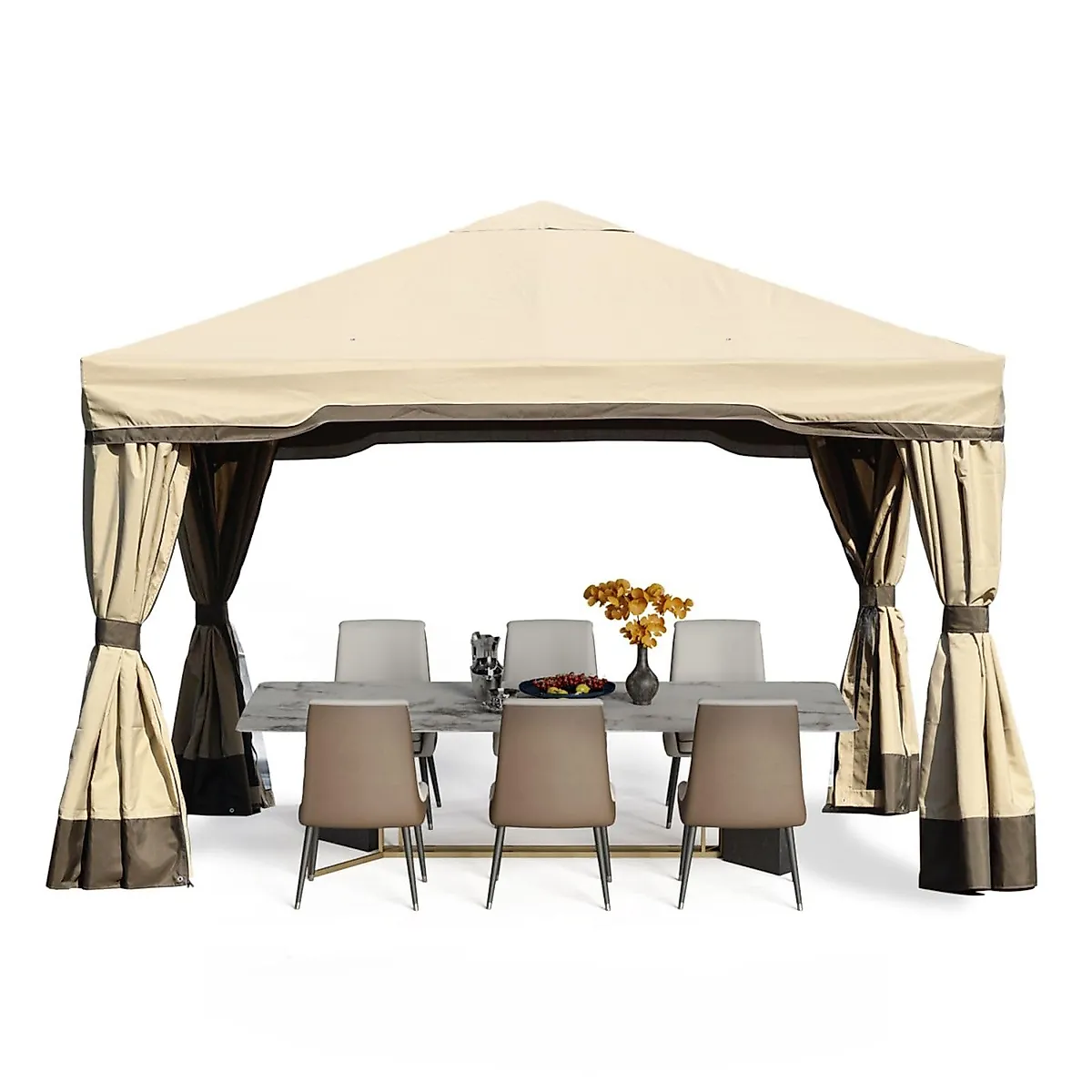 BPS 12x12 FT Outdoor Aluminum Gazebo with Privacy Curtains and Netting, Brown Canopy Shelter for Patio, Garden, Yard, Lawn