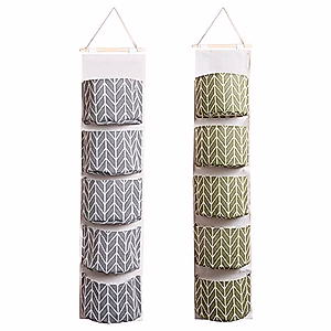 MODOWEY 2 Pack Over The Door Storage, Waterproof Wall Closet Hanging Storage Organizer with 5 Pockets, Cotton Linen Fabric Hanging Shelves Pocket for Wall Bedroom Bathroom (Grey)