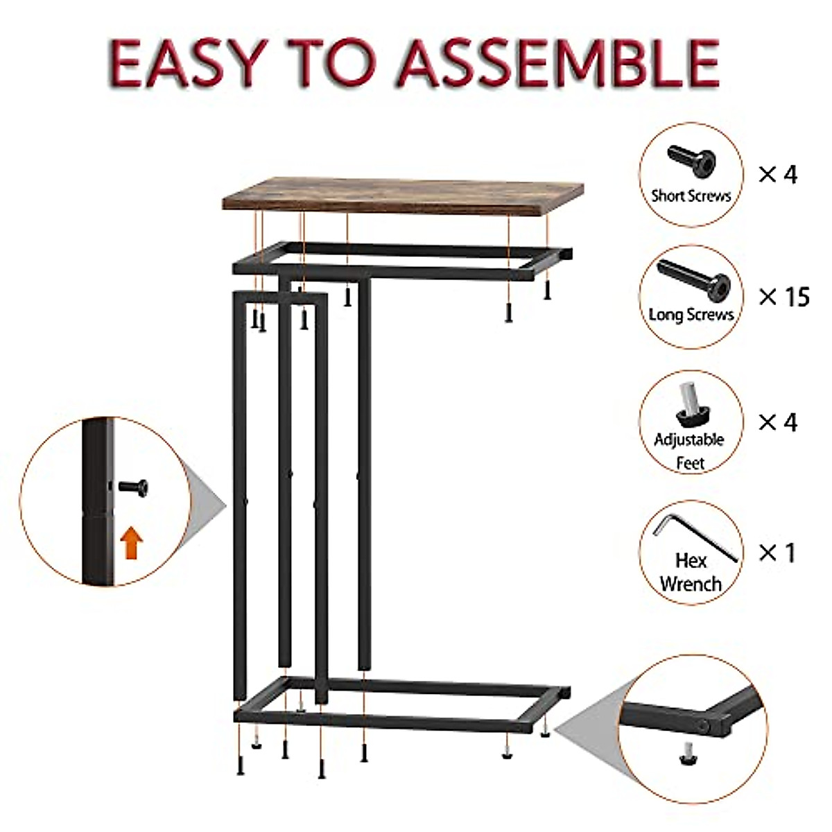Yusong Small C Shaped End Table, Slim Couch Side Tables Slide Under Sofa Bed, Skinny Snack Tray Table for Coffee Laptop in Living Room,Easy Assembly, Rustic Brown