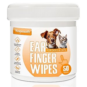 Kopmath Dog Ear Wipes, Ear Cleaner Finger Wipes for Dogs & Cats, Gently Remove Earwax & Odor, Soothe Ear Itching and Infection, Easy to Use, Natural Cat Ear Wipes for Dogs, 50 Disposable Count