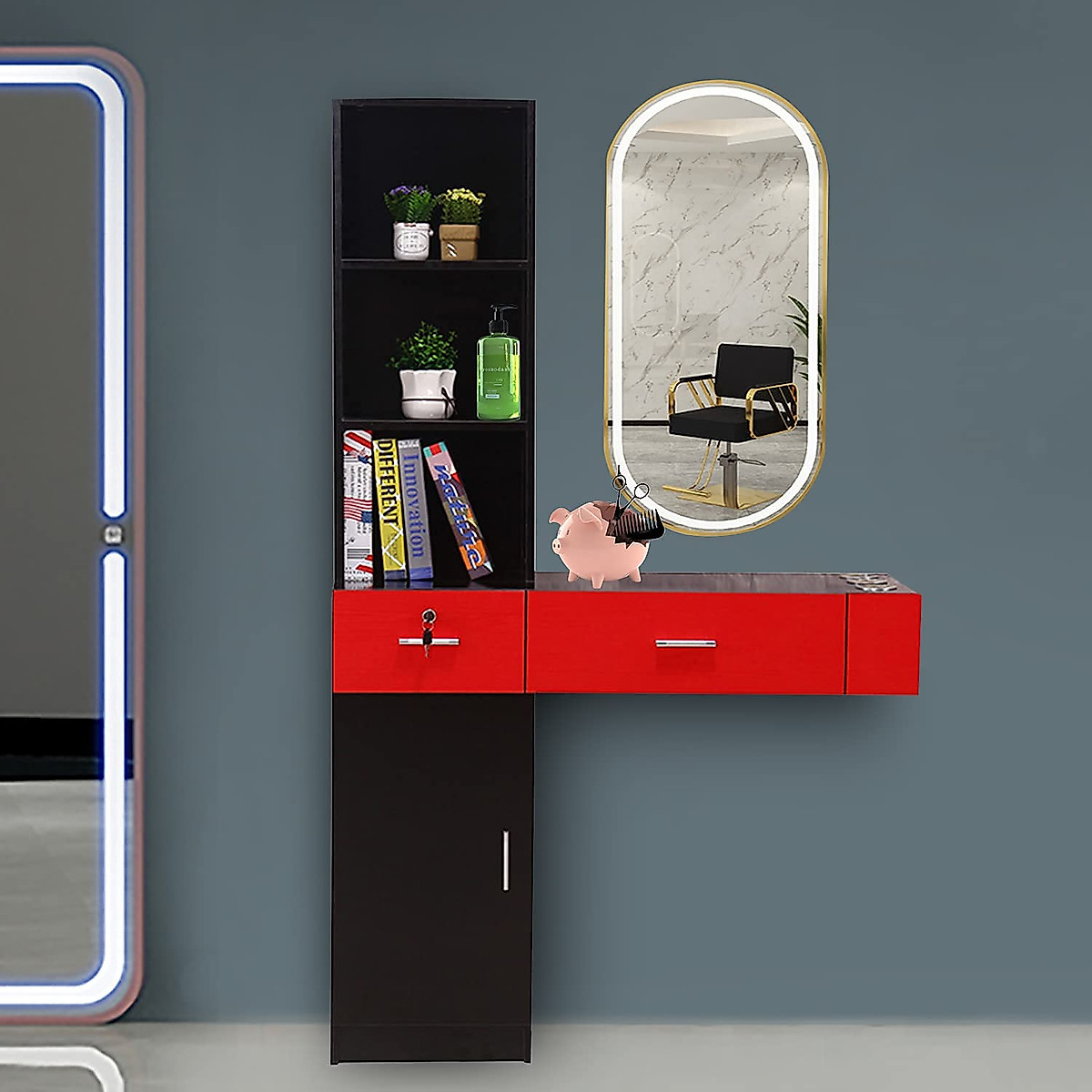 MTFY Beauty Salon Spa Equipment Set,Wall Mount Hair Styling Barber Station Barber Salon Station Makeup Equipment Set with 1 Cabinet 2 Drawers (Black & Red)