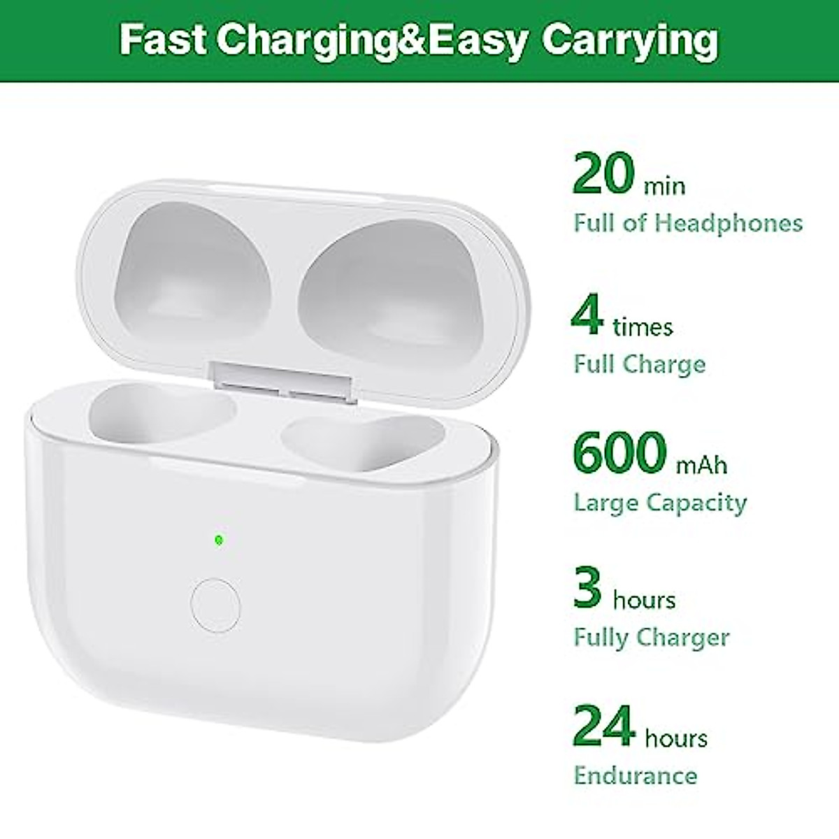 Wireless Charging Case Replacement - Compatible with AirPod 3, Qi-Certified for Air Pods 3rd Gen Charger Cases, Support Bluetooth Pairing Sync Button, 600 Mah Built-in Battery, Without Earbuds, White