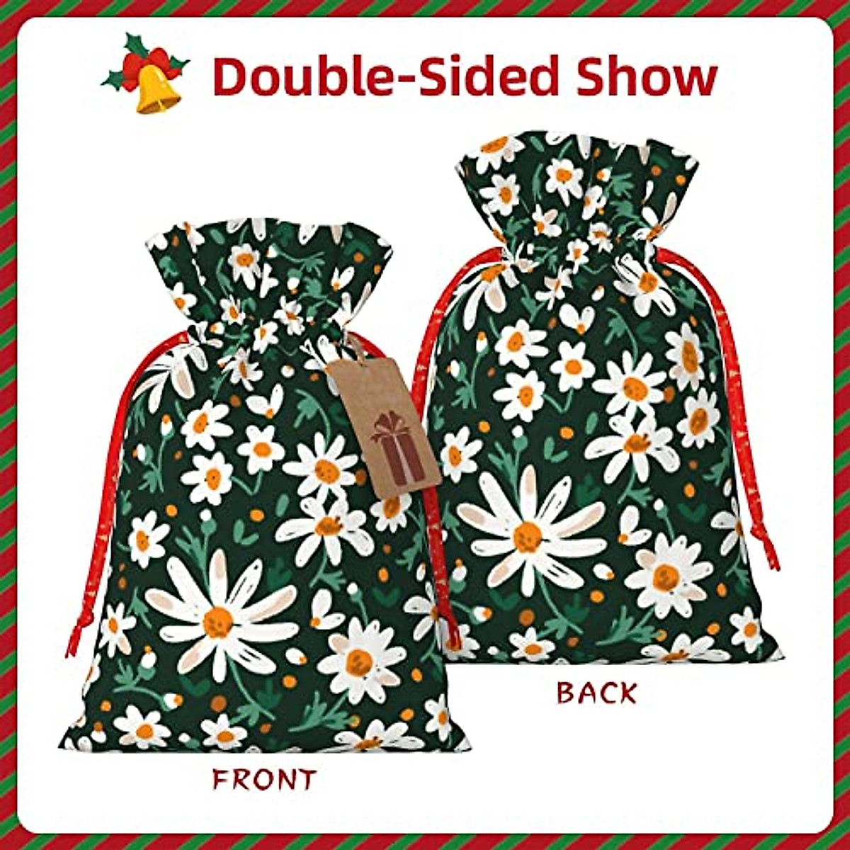 Drawstrings Christmas Gift Bags Watercolor-Daisy-Floral-Summer Presents Wrapping Bags Xmas Gift Wrapping Sacks Pouches Medium