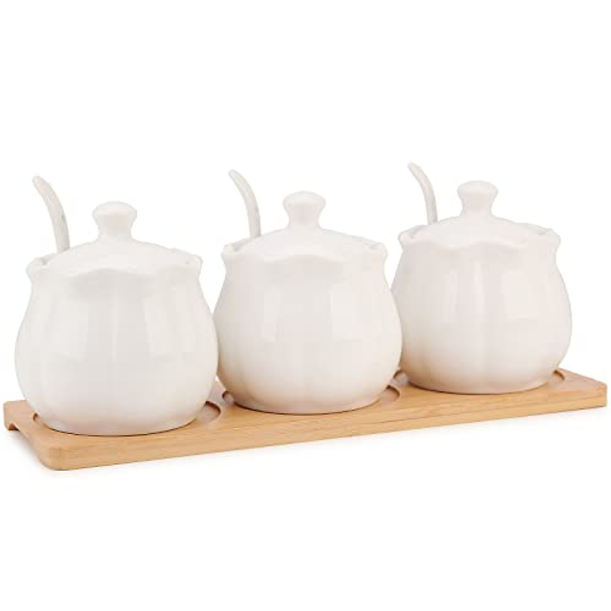 Sugar Bowls Set, Kitchenexus Condiment Jars Pots Set with Lids and Spoons Ceramic Salt Pepper Box Container, Canister Seasoning Box with Bamboo Tray 8.8 ounce/260 ml White