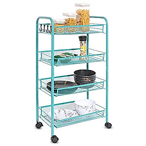 Ruishetop Rolling Push Cart Stand Shelves, Storage Rack with Wheels with Mesh Wire Basket, Multifunction Metal Trolley Organizer for Home, Office, Bedroom, Bathroom, Kitchen (4-Tier Rack Blue)