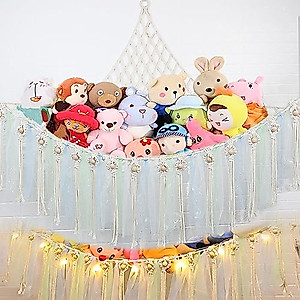 GSZTTKX Stuffed Animal Hammock,Macrame Large Toy Net Hanging for Stuffed Animals Storage Organizer Wall Corner,Boho Plush Stuffed Animal Holder Children Room Nursery Decor (with Light,Beads,White)