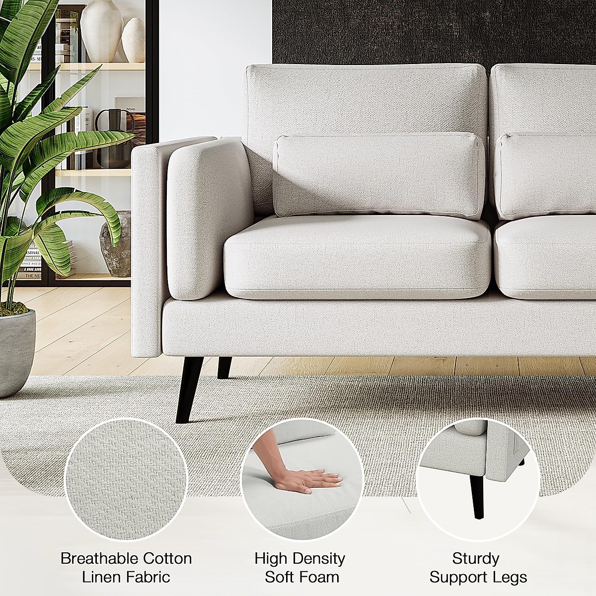 Novilla 68.5 Inch Modern Loveseat Sofa Couches, Small Sofa with 2 Waist Pillows, Natural Linen Upholstered Couch for Living Room, Bedroom and Apartment, Solid Wood Frame, Easy to Install, White