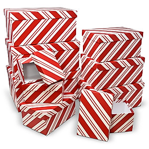 Gift Boutique Nesting Gift Boxes Rectangle 10 Pack Red & White Candy Cane Design Christmas Stacked Gift Box with Lids in 10 Assorted Sizes for Gift Giving Holiday Decorative Gifts Present Wrapping