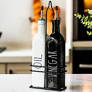 Brighter Barns Farmhouse Oil and Vinegar Dispenser Set Black & White Olive Oil Dispenser Bottle with Caddy Holder & Stainless Steel Spout - Cute Modern Vintage Glass Cruet for Kitchen -500ml 17oz