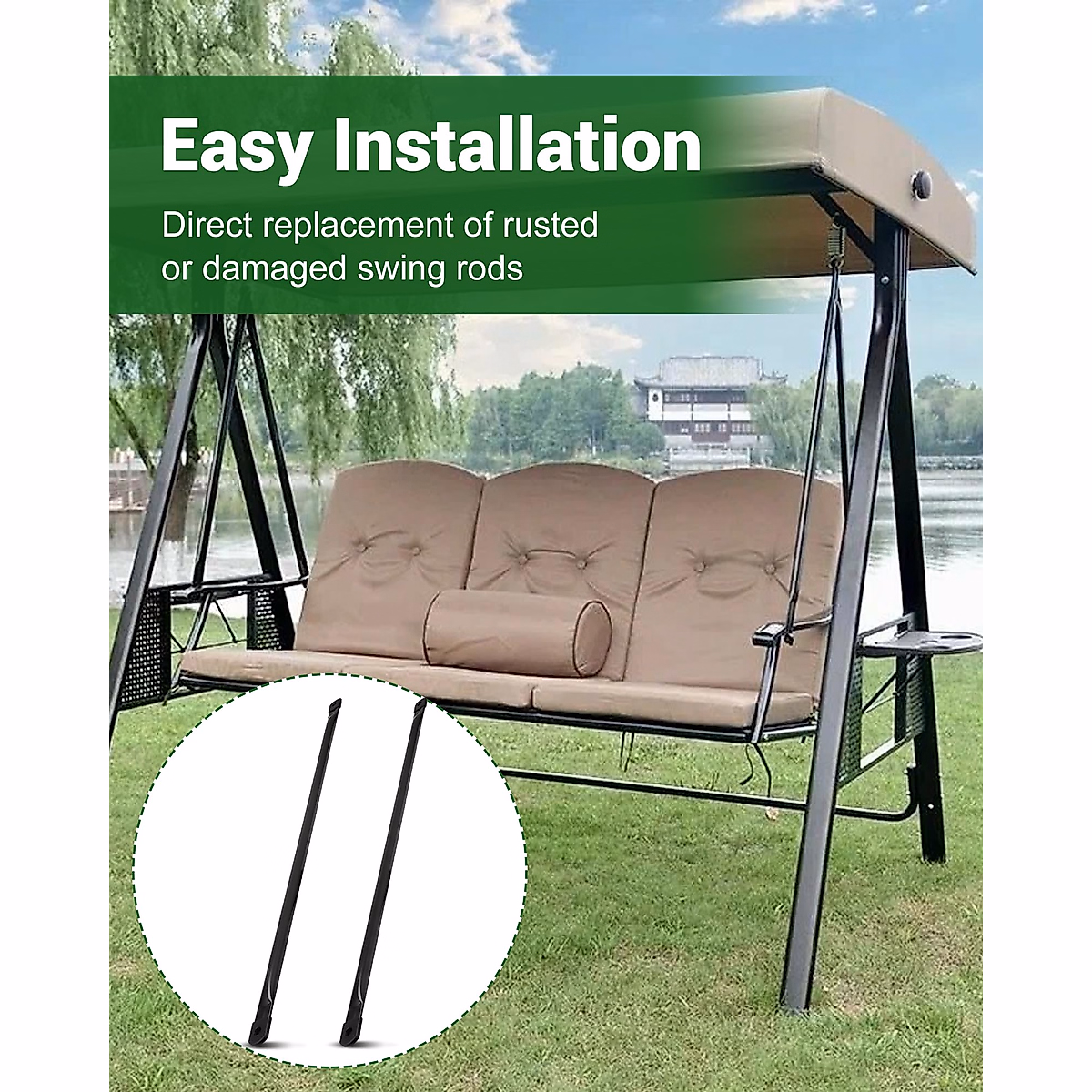 31.5inch/80cm Garden Swing Replacement Rods(2PCS), Metal Material, Black Powder Coating Round Rods, Fit for Hanging Swing Seat to Frame