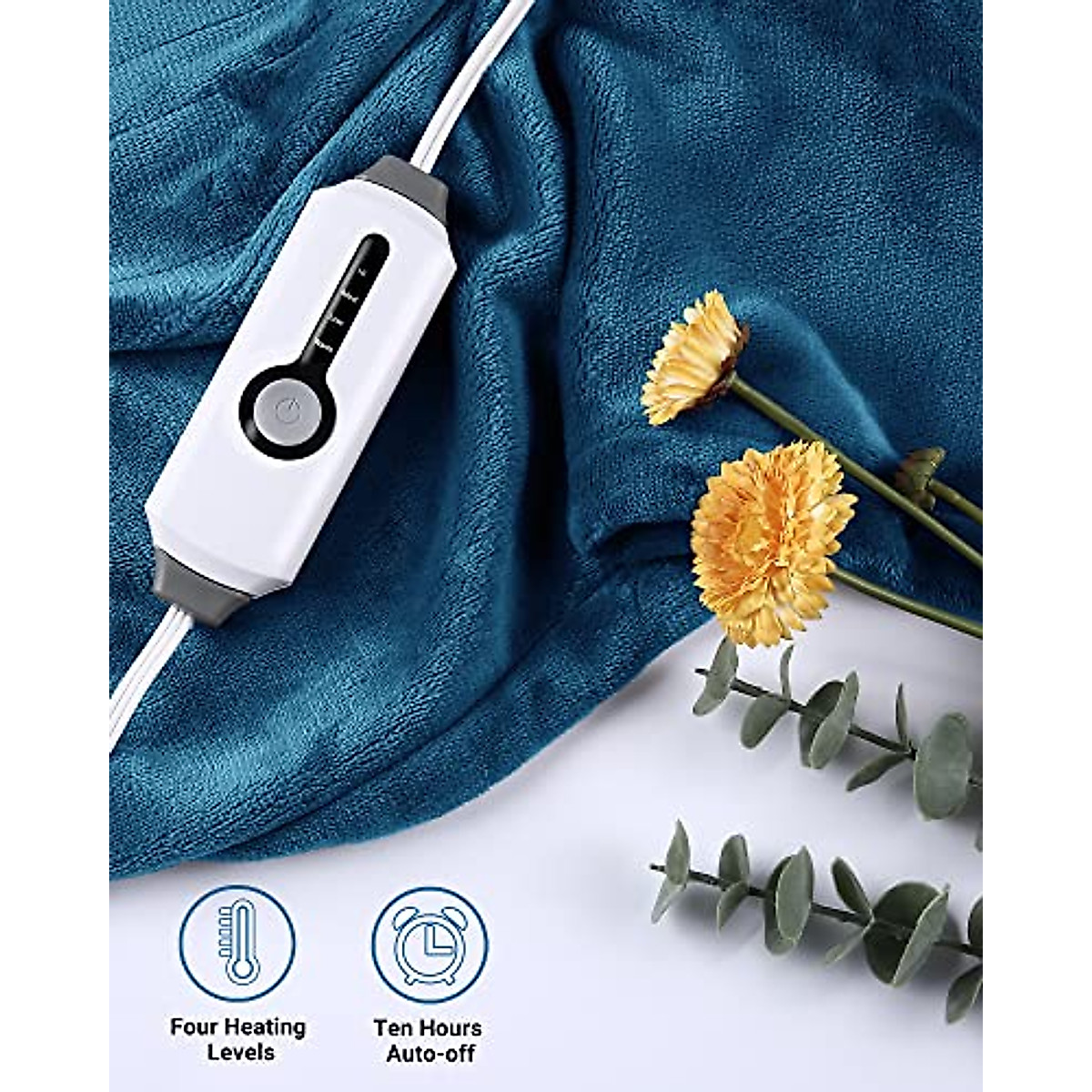 SUNNY HEAT Electric Blanket 62 x 84 Inches Heated Reversible Flannel Blanket Twin Size with 10 Hours Auto Off & 4 Temperature Levels & ETL Certification, Home Office Use & Machine Washable, Teal