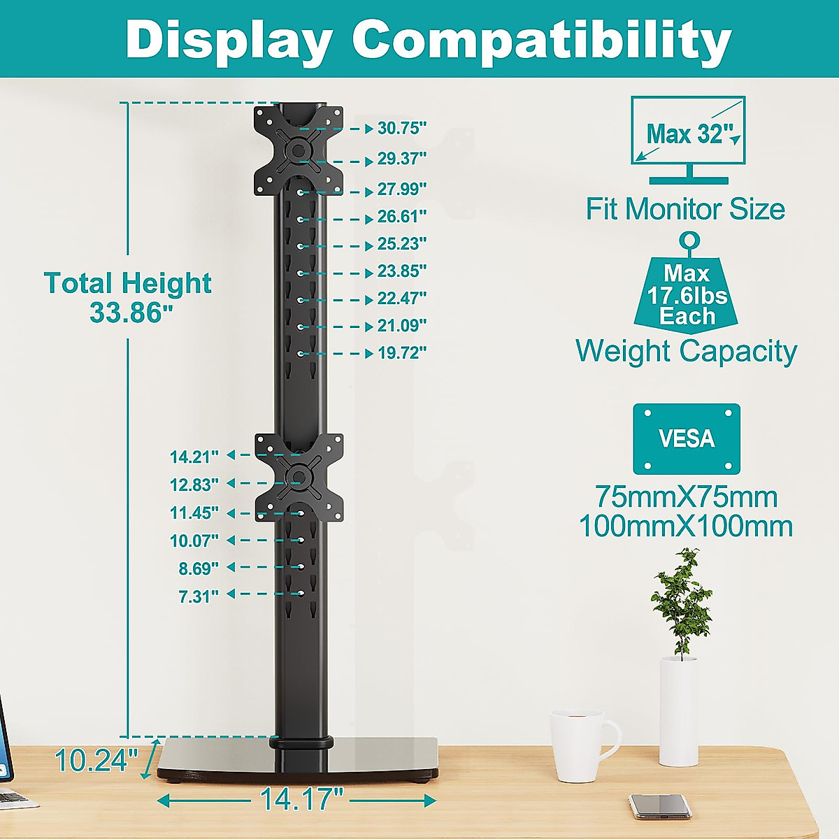 MOUNT PRO Vertical Dual Monitor Stand for 2 Computer Screen up to 32 Inch, Stacked Monitor Mount, Free-Standing Monitor Desk Stand with Swivel, Tilt, Height Adjustable, VESA Stand 100 x 100