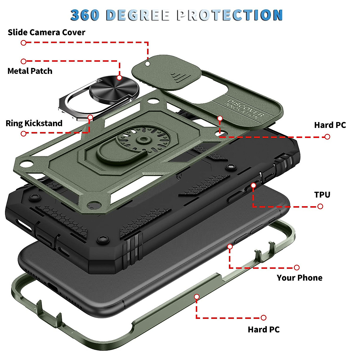 PASNEW for iPhone 13 Pro Max Case Military,Camera Cover Slide & Magnetic Ring Kickstand,Multi-Layer Rugged Heavy Duty Full Body Shockproo Hard Shell 13Promax,Army Green