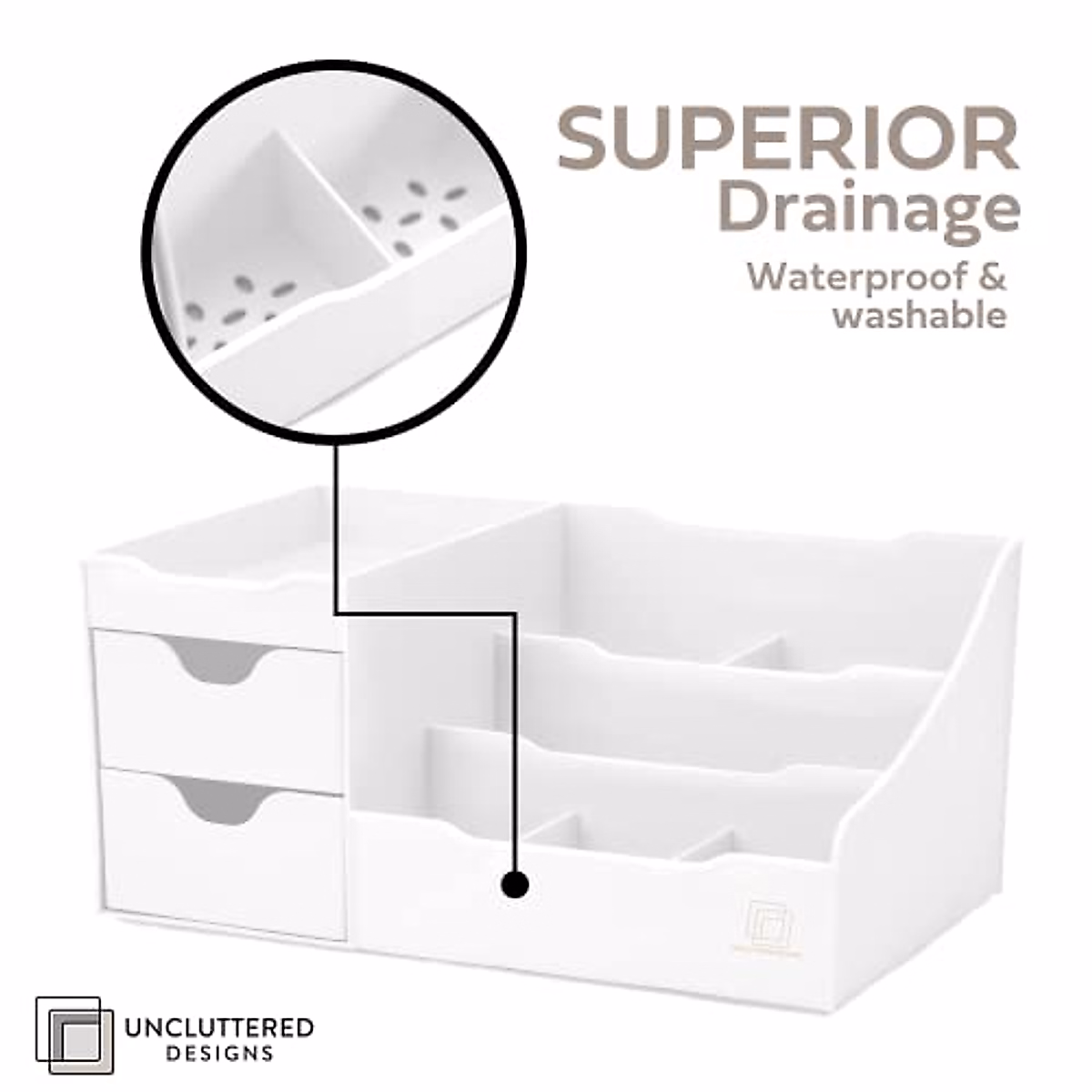 Uncluttered Designs Makeup Organizer With Drawers — Modern Countertop Storage for Cosmetics — Chic Vanity Holder for Perfume, Skincare, Brush, Lipstick, Nail Polish Organization and Display (White)