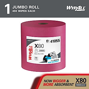 WypAll Power Clean X80 Heavy Duty Cloths (41055), Extended Use Cloths Jumbo Roll, Red, 475 Sheets / Roll; 1 Roll / Case