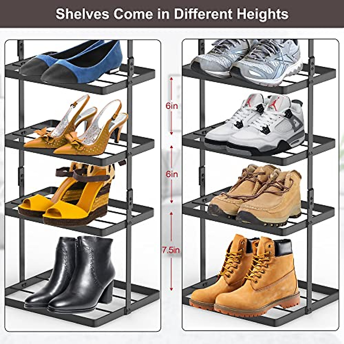 Shoe Rack Shoe Organizer for Plus Size Shoes, Modern Free Standing Shoe Shelf with Hooks, Sturdy Space Saving Metal Shoe Storage Vertical Narrow Shoe Stand for Entryway Closets, 6 Tiers Black