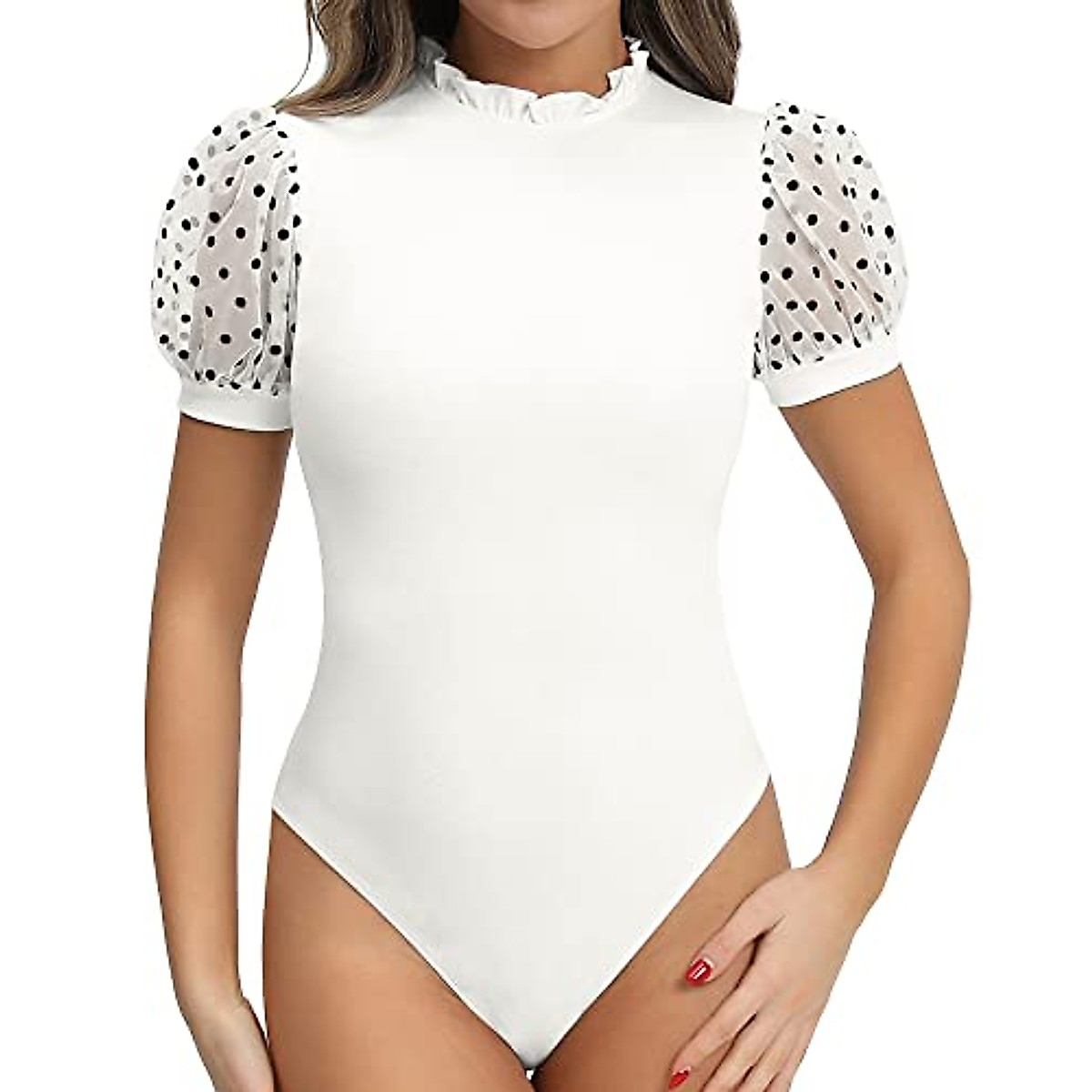 MANGOPOP Women's Bodysuit Ruffle Mock Turtle Neck Polka Dot Sheer Mesh Puff Short Sleeve Slim Fit Body Suit Tops Casual Sexy (L, B Short Sleeve White)