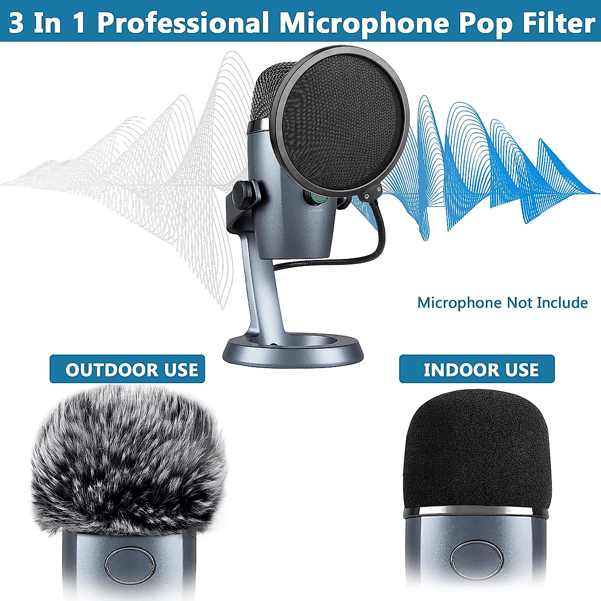Yeti Nano Pop Filter, Mic Cover Compatible with Blue Yeti Nano,ChromLives 3 in 1 Mic Windscreen Foam Cover + Mic Furry Wind Cover + Dual Layered Noise Reduction Pop Filter for Yeti Nano,Combo 3 Pack