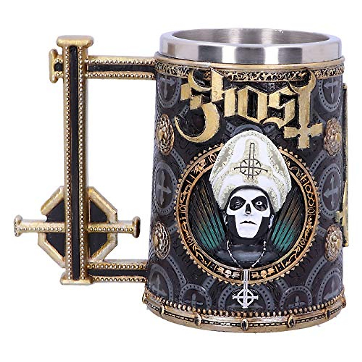 Nemesis Now Hard Rock Tankard, Hand-Painted Resin Beer Mug with Removable Insert, Metal Band Collectible Merch and Gift for Fans, 16cm - Ghost Gold Meliora