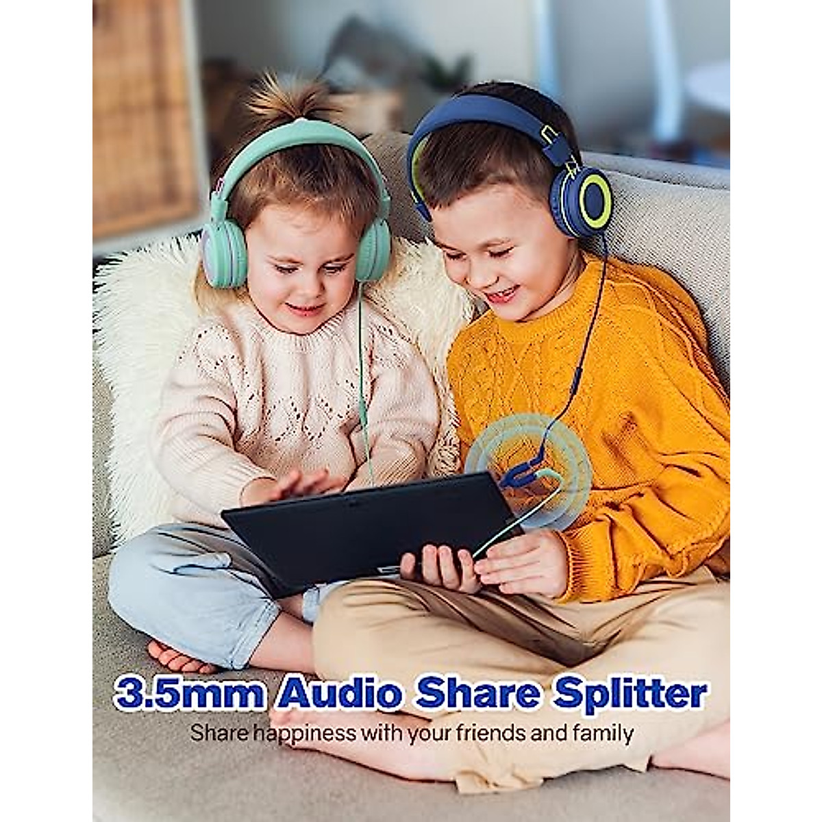 KLYLOP Kids Headphones with Microphone - 91dB Safe Volume Limited, Stereo Sounds, Wired On-Ear Headsets for Kids Teens with Sharing Splitter, Tangle-Free Foldable Headset for School/Tablet/Travel