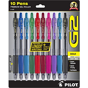 Pilot G2 Premium Retractable Gel-Ink Rolling Ball Pens, Bold Point (1.0mm), Assorted, 10/Pk (11887)