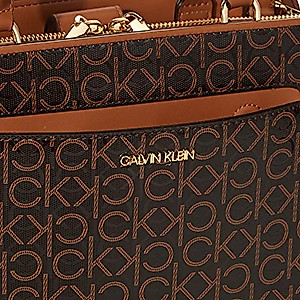 Calvin Klein Margot Textured Logo Satchel, Brown/Khaki/Caramel Embossed