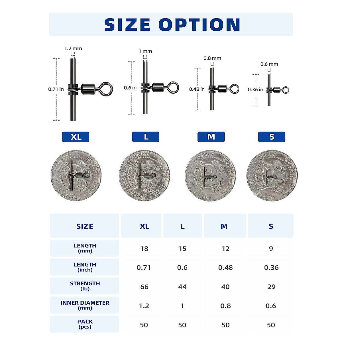BLUEWING 3 Way Swivels Fishing Tackle, Brass Swivel Sleeve 3 Way T-Shape Swivel for Freshwater and Saltwater 40lbs, 50pcs