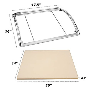 Skyflame 14” x 16” Rectangle Ceramic Pizza Baking Stone with Metal Handle Rack Compatible With Most Charcoal Grills, Gas Grills, Pizza Oven, Pellet Grills, BGE, Kamado Grills, Smoker