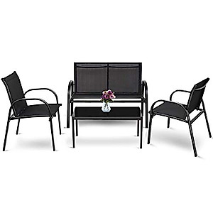 HAPPYGRILL 4 Pieces Patio Furniture Outdoor Garden Patio Table Set Poolside Lawn Chairs with Glass Coffee Table