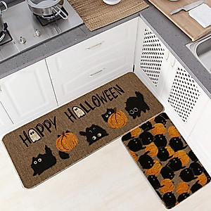 GAGEC Halloween Kitchen Mat Set of 2, Black Cat Pumpkins Kitchen Rug, Halloween Farmhouse Party Floor Mat for Home Kitchen Decorations - 17x27 and 17x47 Inch